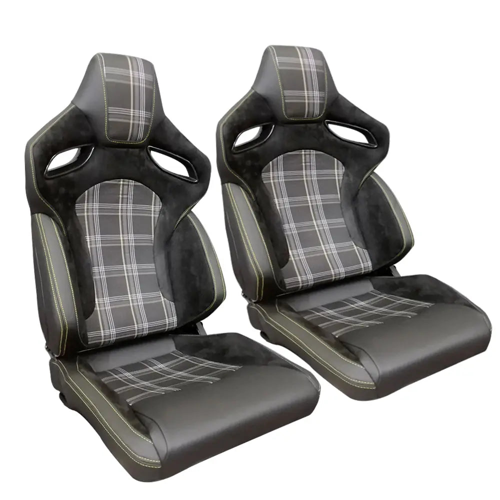 Reclinable Racing Seats - GTI Style Tartan Design Black Suede + PVC (P ...